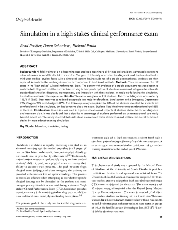 (PDF) Simulation in a high stakes clinical performance exam