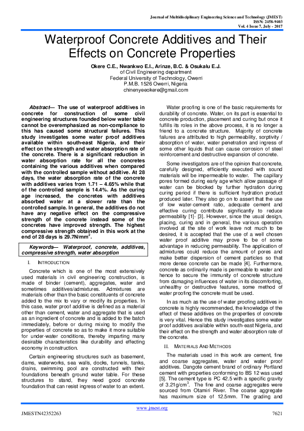 (PDF) Waterproof Concrete Additives and Their Effects on Concrete ...