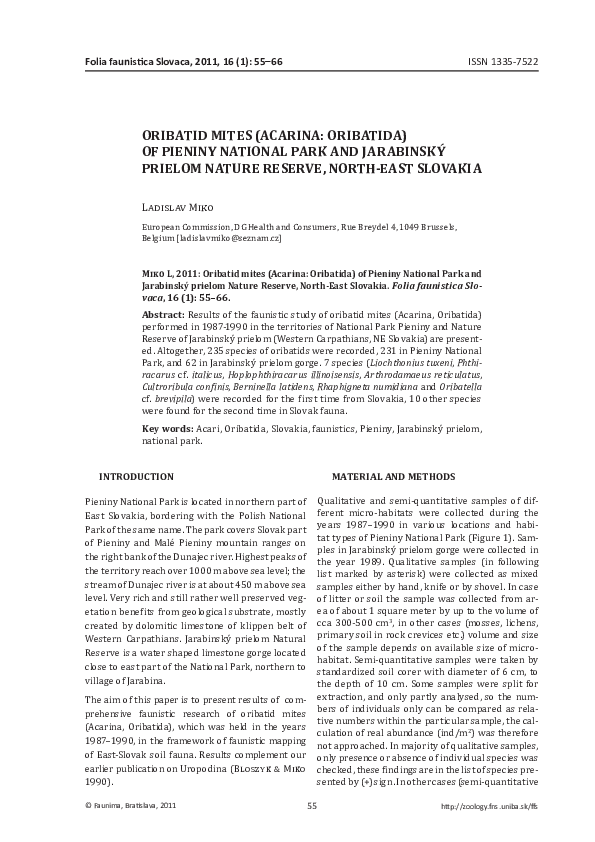 (PDF) Oribatid Mites (Acarina: Oribatida) of Pieniny National Park and ...