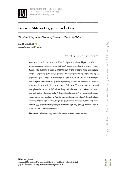 (PDF) The Possibility of the Change of Character Traits in Galen