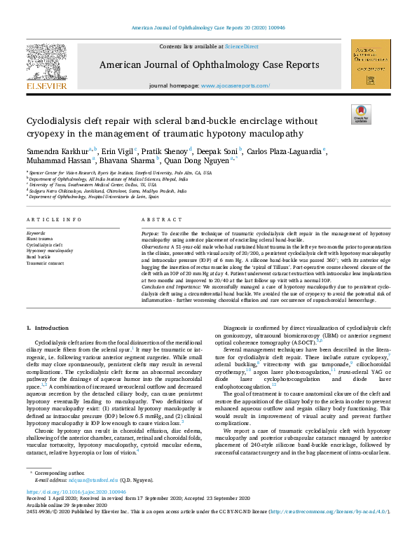 (PDF) Cyclodialysis cleft repair with scleral band-buckle encirclage ...