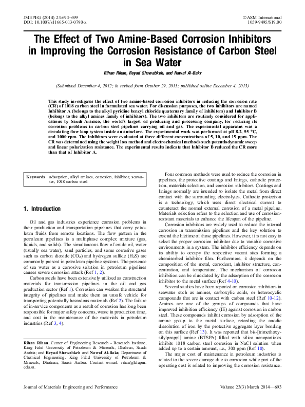 (PDF) The Effect of Two Amine-Based Corrosion Inhibitors in Improving ...