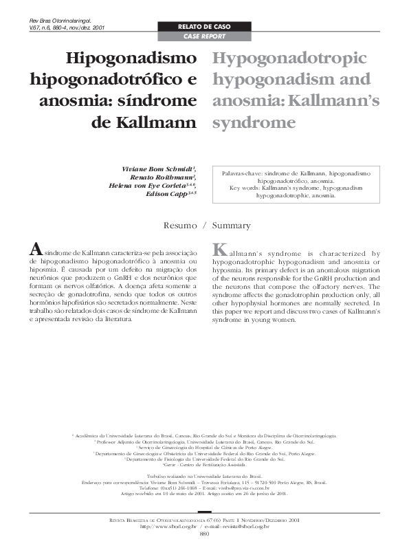 (PDF) Hipogonadismo hipogonadotrófico e anosmia: síndrome de Kallmann