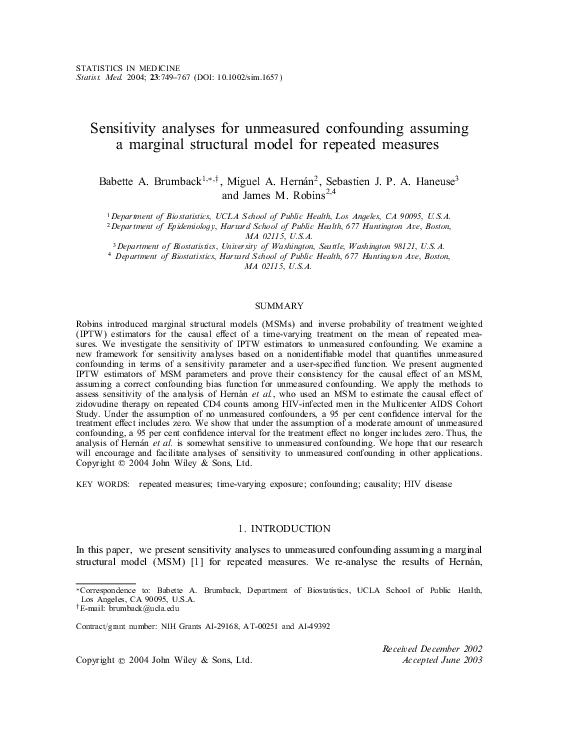 (PDF) Sensitivity analyses for unmeasured confounding assuming a marginal structural model for ...