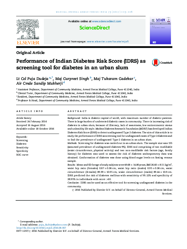 (PDF) Performance of Indian Diabetes Risk Score (IDRS) as screening ...