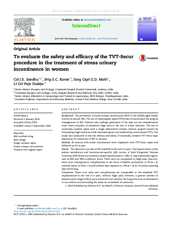 (PDF) To evaluate the safety and efficacy of the TVT-Secur procedure in ...