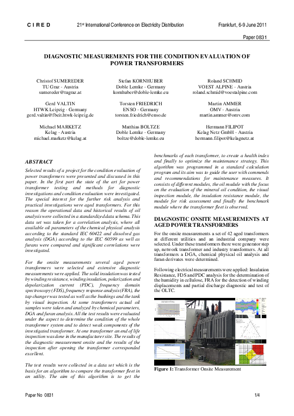 Pdf Diagnostic Measurements For The Condition Evaluation Of Power Transformers