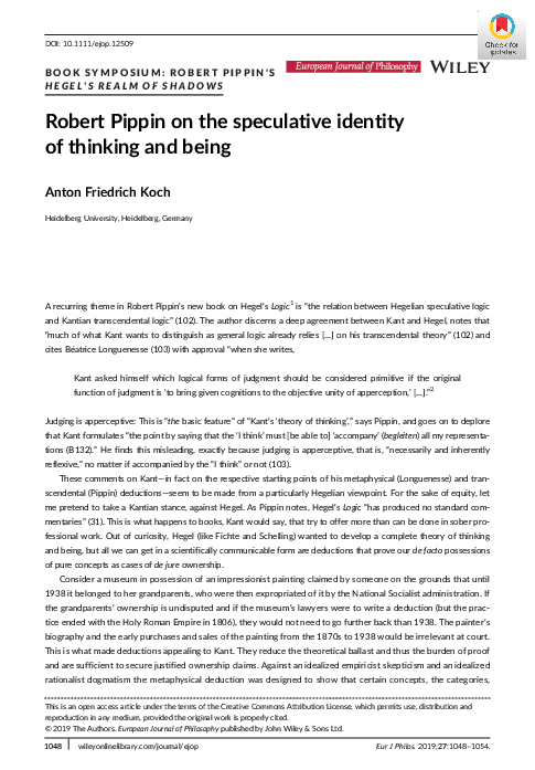 (PDF) Robert Pippin on the speculative identity of thinking and being