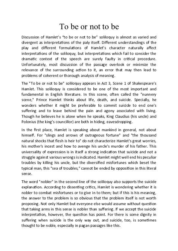 (DOC) Discussion of Hamlet’s “to be or not to be” soliloquy