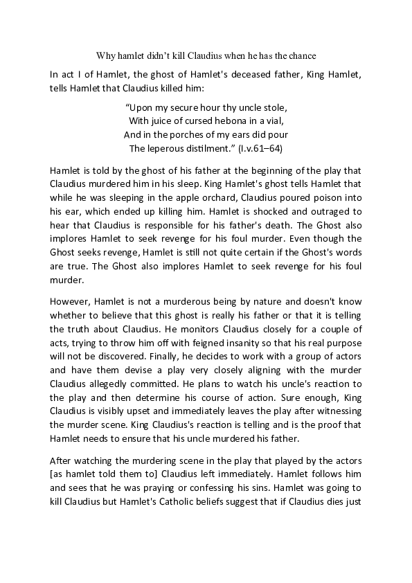 (DOC) Why hamlet didn’t kill Claudius when he had the chance