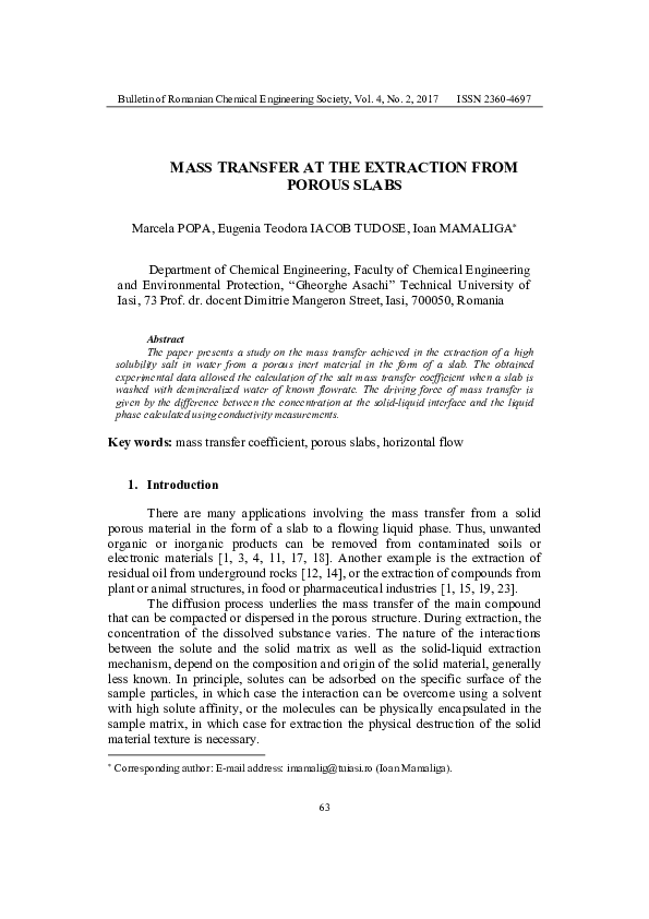 (PDF) Mass Transfer at the Extraction from Porous Slabs