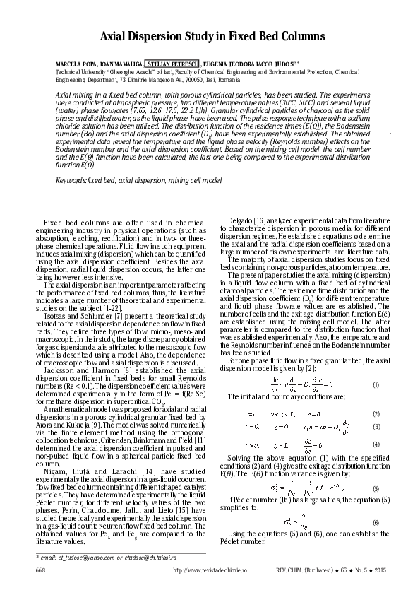 (PDF) Axial Dispersion Study in Fixed Bed Columns