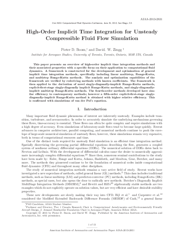 Pdf High Order Implicit Time Integration For Unsteady Compressible Fluid Flow Simulation