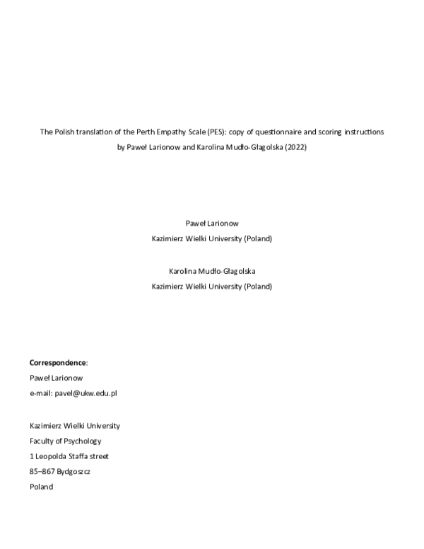 (PDF) The Polish translation of the Perth Empathy Scale (PES): copy of questionnaire and scoring ...