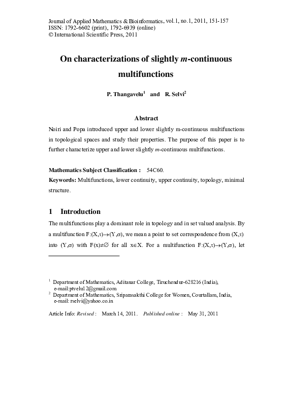 (PDF) On Characterizations of Slightly M Continuous Multifunctions