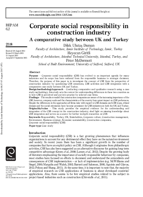 (PDF) Corporate social responsibility in construction industry