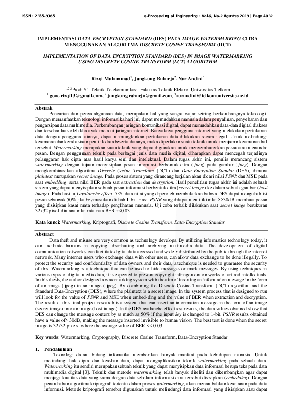 Pdf Implementasi Data Encryption Standard Des Pada Image Watermarking Citra Menggunakan 
