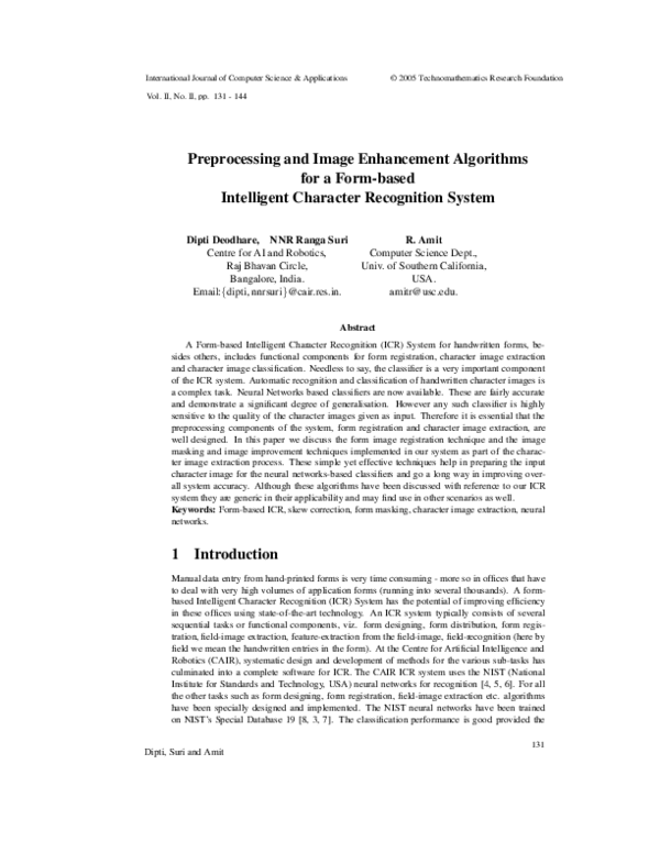 (PDF) Preprocessing and Image Enhancement Algorithms for a Form-based Intelligent Character ...