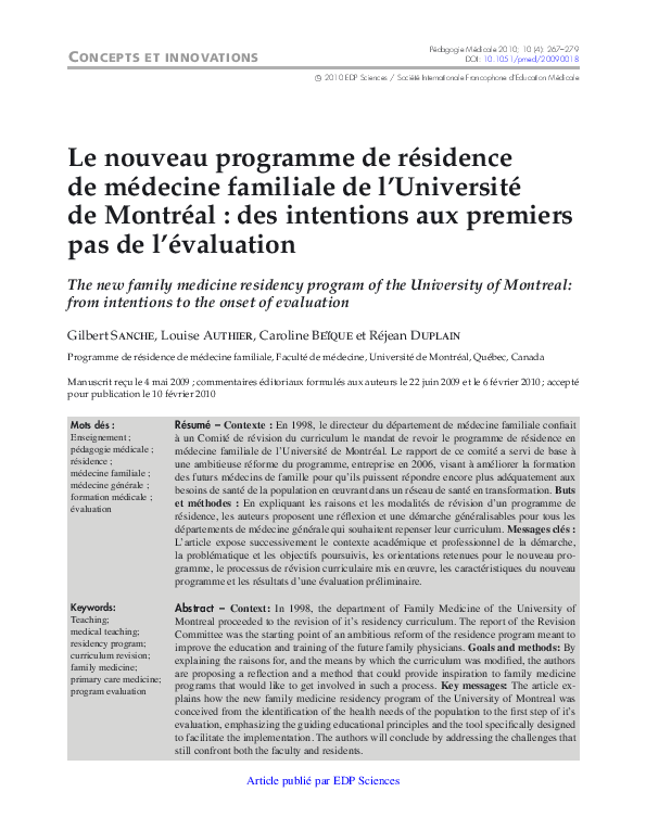(PDF) Le nouveau programme de résidence de médecine familiale de l ...