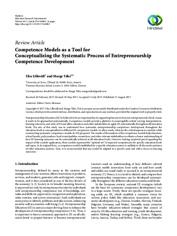 (PDF) Competence Models as a Tool for Conceptualizing the Systematic Process of Entrepreneurship ...