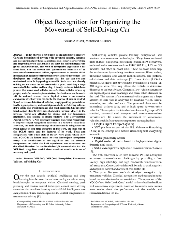 (PDF) Object Recognition for Organizing the Movement of Self-Driving Car