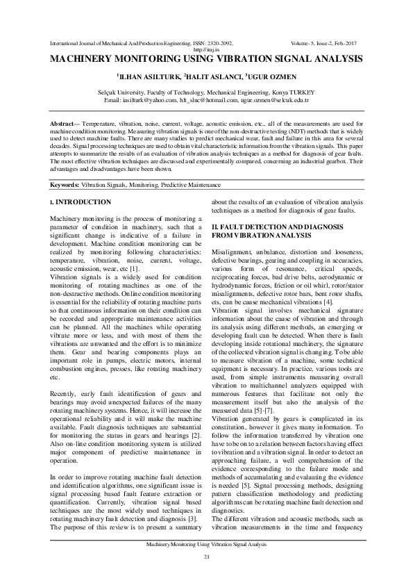 (PDF) Machinery Monitoring Using Vibration Signal Analysis