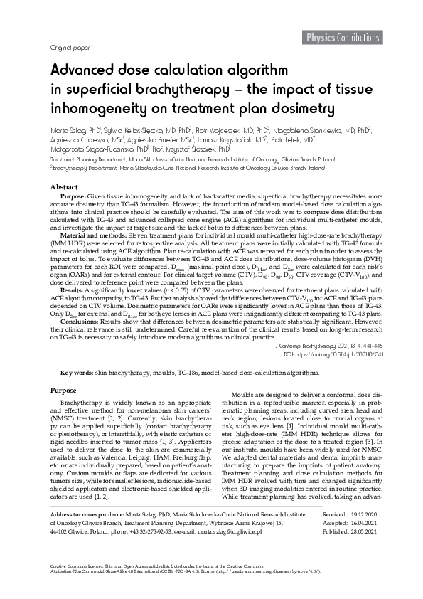(PDF) Advanced dose calculation algorithm in superficial brachytherapy – the impact of tissue ...