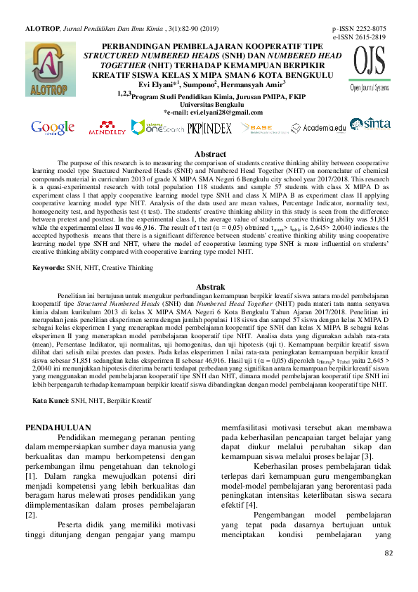 (PDF) Perbandingan Pembelajaran Kooperatif Tipe Structured Numbered Heads (SNH) Dan Numbered ...