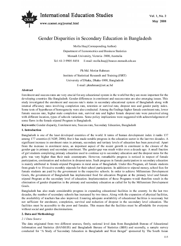 (PDF) Gender Disparities in Secondary Education in Bangladesh