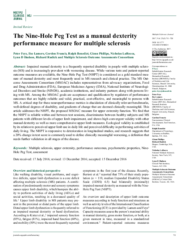 Pdf The Nine Hole Peg Test As A Manual Dexterity Performance Measure For Multiple Sclerosis