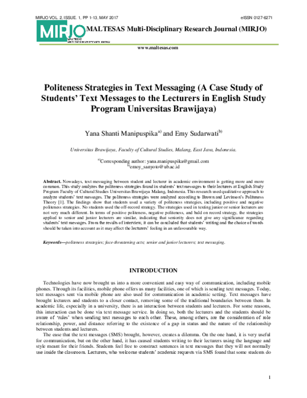(PDF) Politeness Strategies in Text Messaging (A Case Study of Students ...