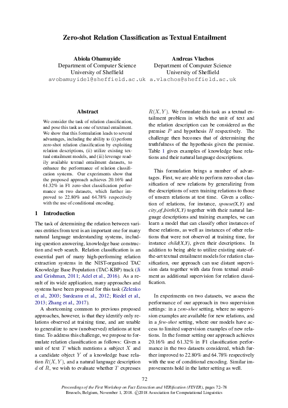 (PDF) Zero-shot Relation Classification as Textual Entailment