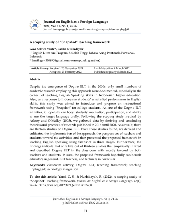 (PDF) A scoping study of “Snapshot” teaching framework