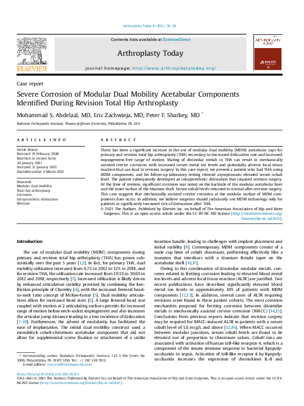 Pdf Severe Corrosion Of Modular Dual Mobility Acetabular Components Identified During Revision