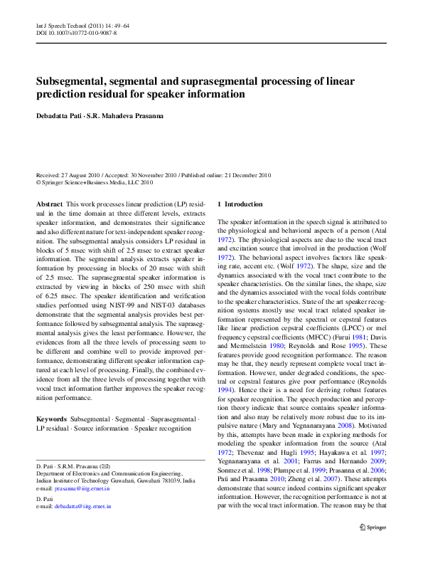 (PDF) Subsegmental, segmental and suprasegmental processing of linear prediction residual for ...