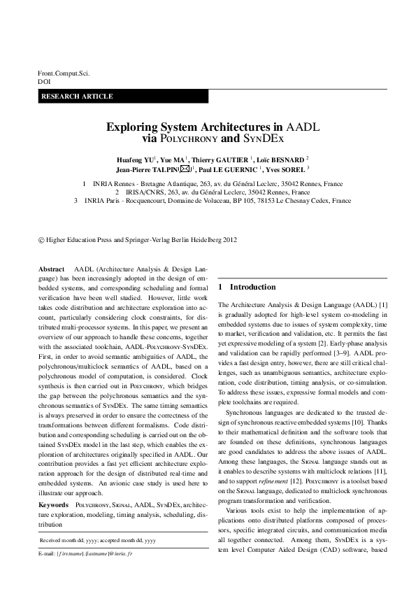 (PDF) Exploring system architectures in AADL via Polychrony and SynDEx ...