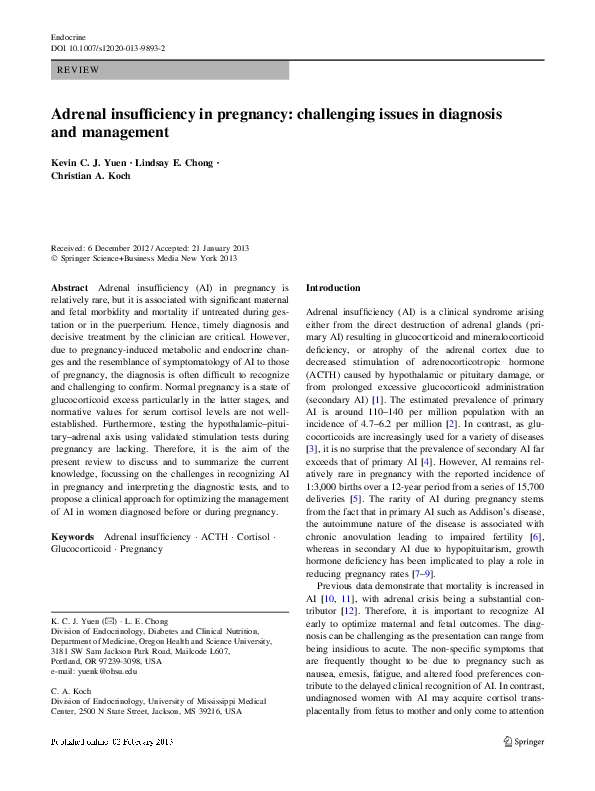 (PDF) Adrenal insufficiency in pregnancy: challenging issues in ...