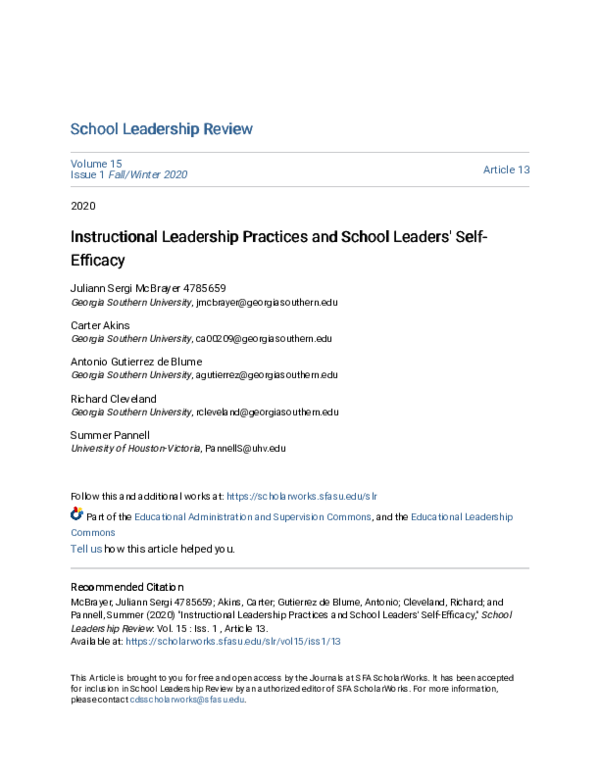 (PDF) Instructional Leadership Practices and School Leaders' Self-Efficacy (PDF) Instructional Leadership Practices and School Leaders' Self-Efficacy