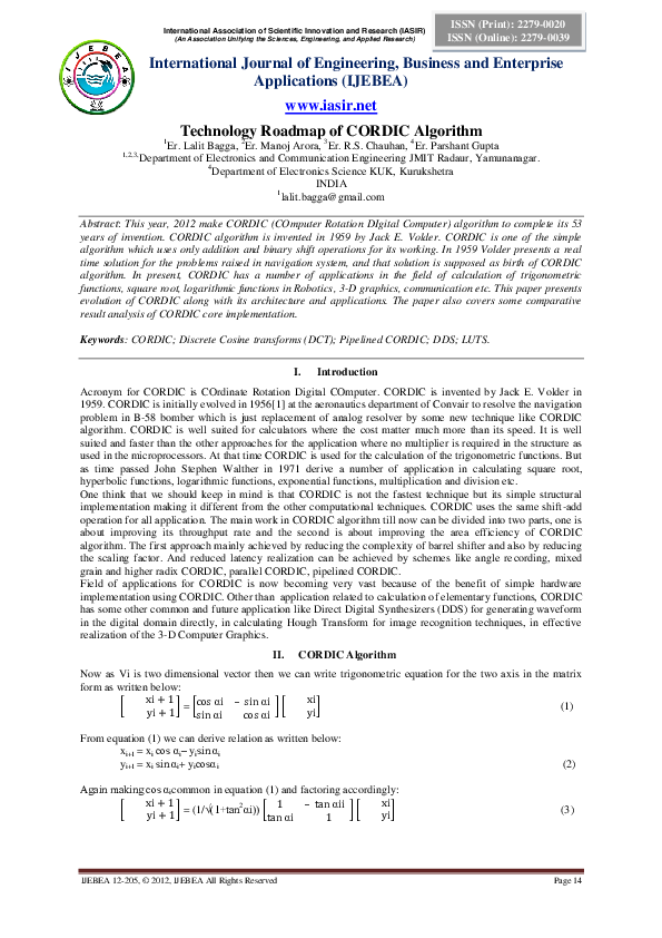 Pdf Technology Roadmap Of Cordic Algorithm