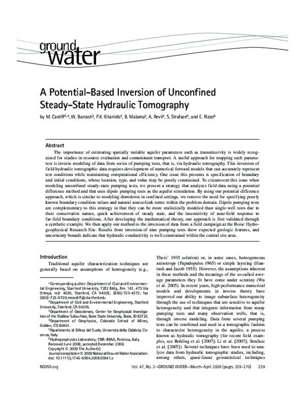 Pdf Combined Hydraulic Tomography Self Potential Electrical Resistivity Tomography For