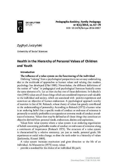 (PDF) Health in the Hierarchy of Personal Values of Children and Youth