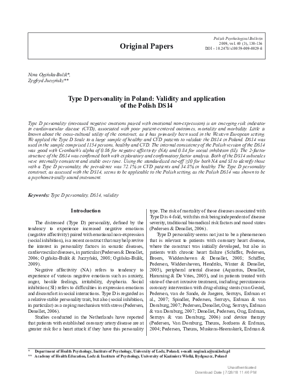 (PDF) Type D personality in Poland: Validity and application of the ...