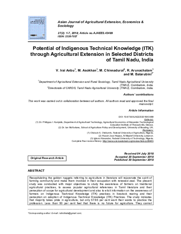 (PDF) Potential of Indigenous Technical Knowledge (ITK) through Agricultural Extension in ...