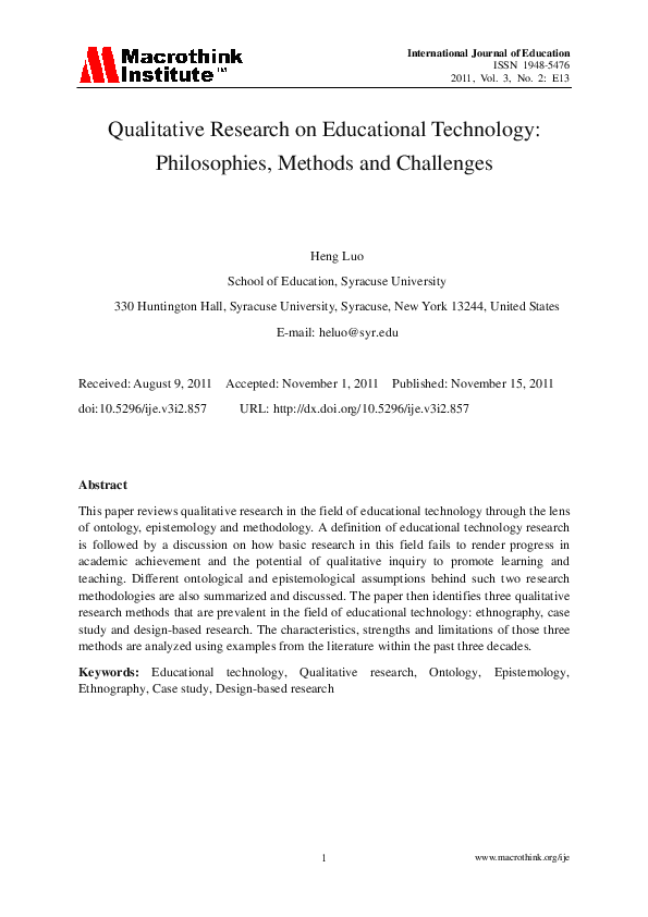 Pdf Qualitative Research On Educational Technology Philosophies