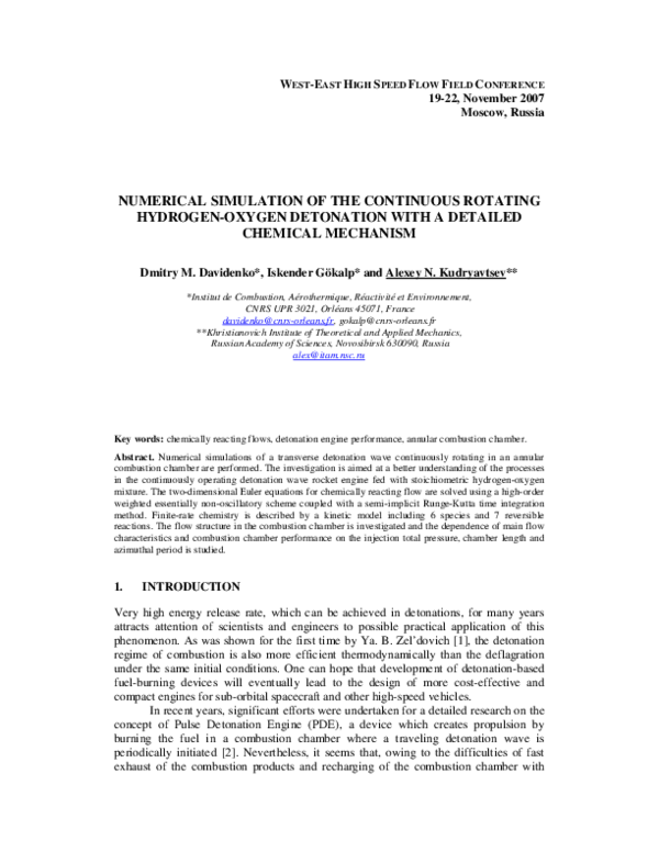 (PDF) Numerical simulation of the continuous rotating hydrogen-oxygen detonation with a detailed ...