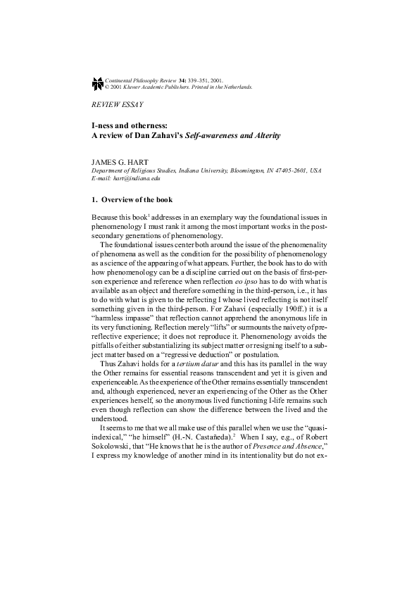 (PDF) I-ness and Otherness: A review of Dan Zahavi's Self-Awareness and ...