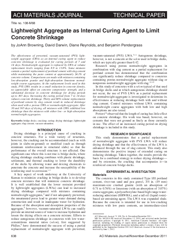 (PDF) Lightweight Aggregate as Internal Curing Agent to Limit Concrete Shrinkage