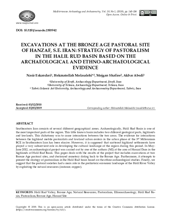(PDF) Excavations at the Bronze Age Pastoral Site of Hanzaf, S.E. Iran ...