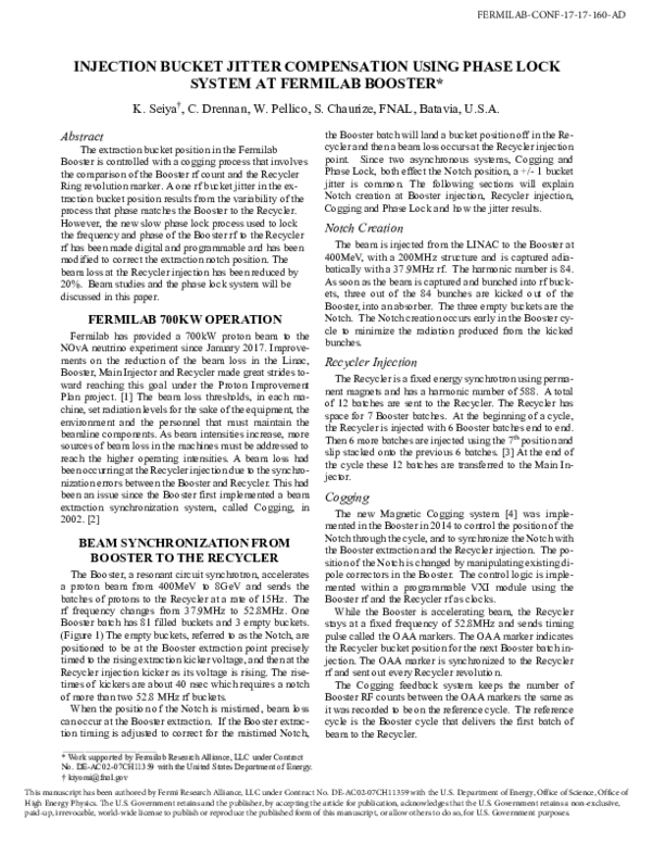 (PDF) Injection Bucket Jitter Compensation Using Phase Lock System At Fermilab Booster