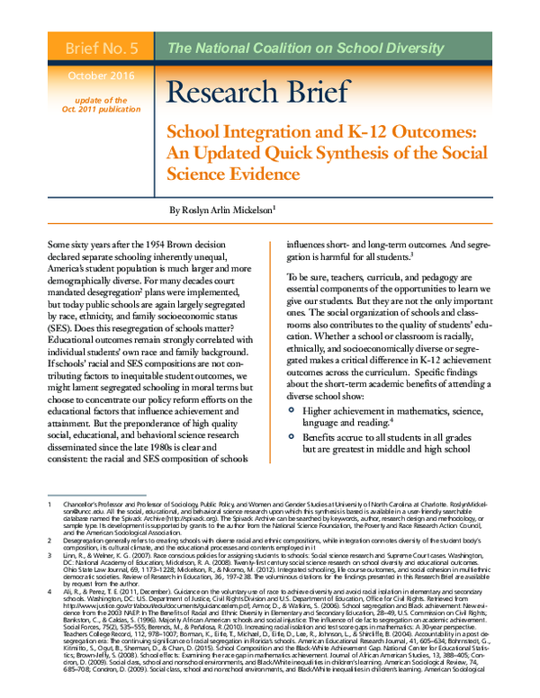 (PDF) School Integration and K-12 Outcomes: An Updated Quick Synthesis ...